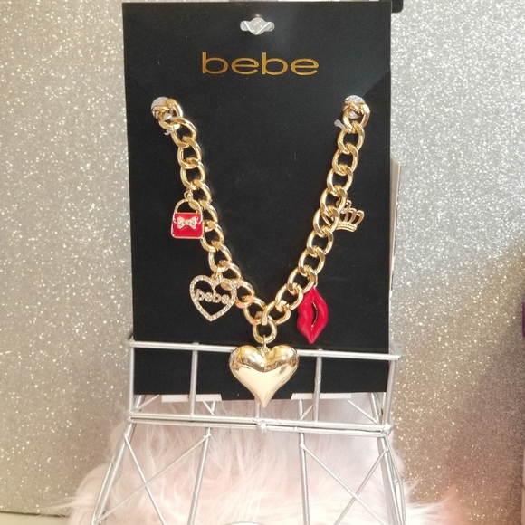 bebe | Jewelry | Bebe Gold Heart And Charms On Chunky Link Gold ...
